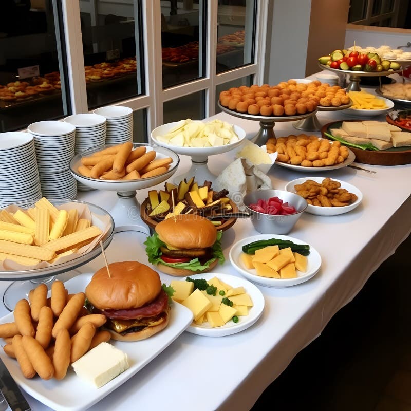 Buffet Table with Snacks from Burgers Cheeses Stock Illustration ...