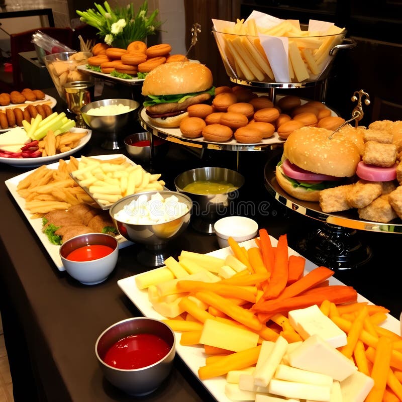 Buffet Table with Snacks from Burgers Cheeses Stock Illustration ...