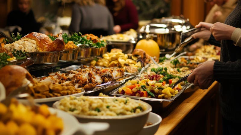 A Buffet Table Spread with Roasted Meats, Vegetables, and Side Dishes ...
