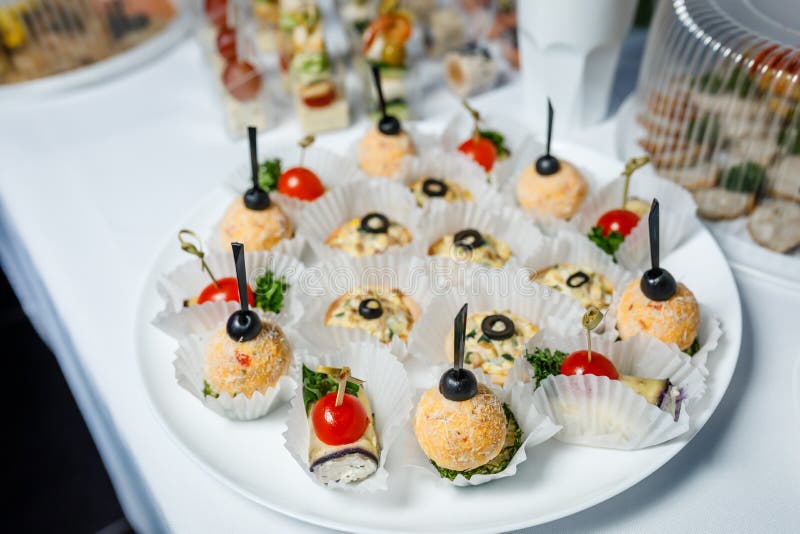 Buffet Table with Toasts and Snacks and Desserts Stock Photo - Image of ...