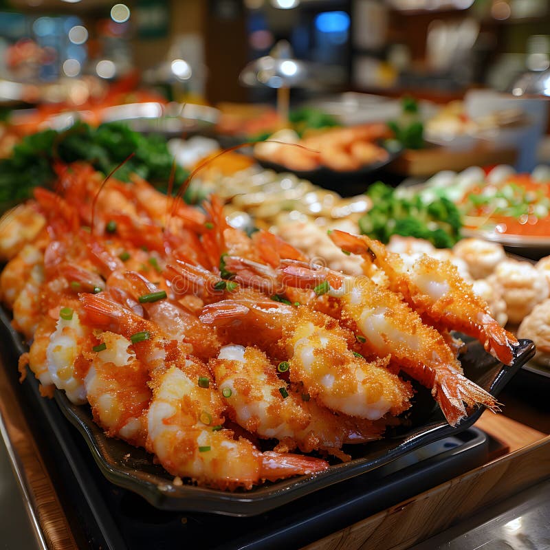 Buffet Table with a Tray of Shrimp, a Delicious Seafood Dish Stock ...