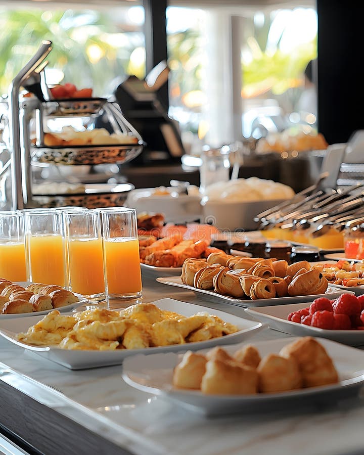 Buffet Table with a Variety of Food and Drinks, Including Fruit ...