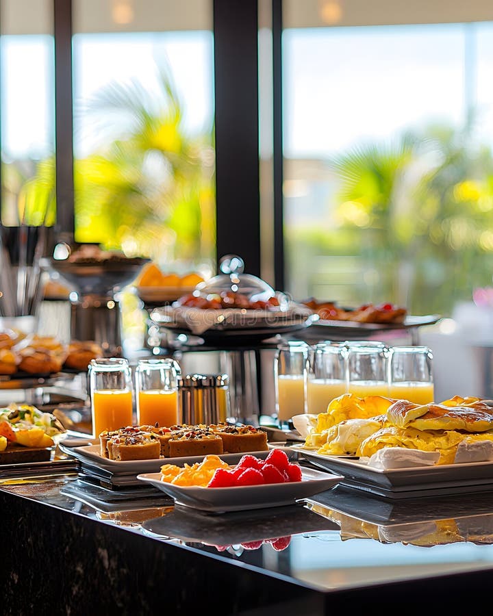Buffet Table with a Variety of Food and Drinks, Including Fruit ...