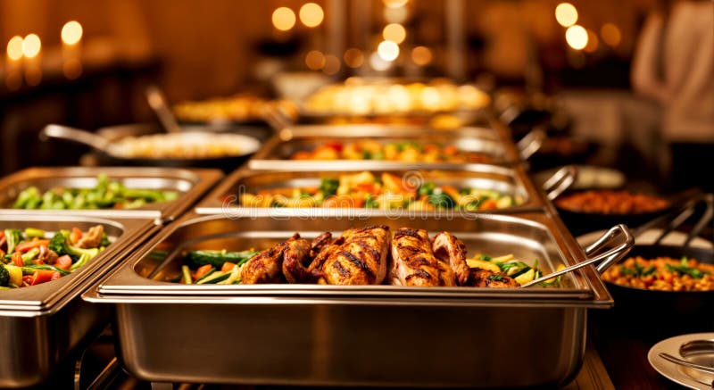 A Buffet Table with a Variety of Food, Including Chicken and Vegetables ...