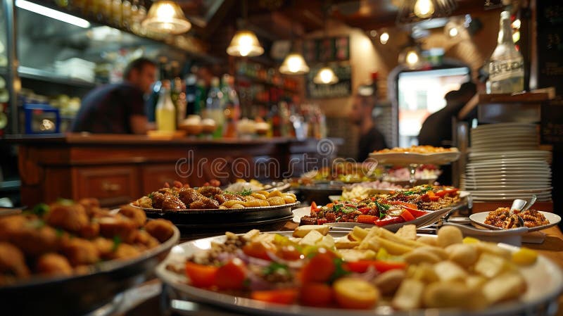 Buffet Table with Various Dishes in a Restaurant Stock Illustration ...