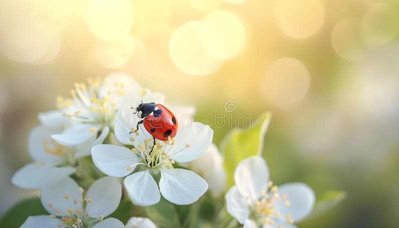 Bug Ladybug on the White Apple Flower Summer Day Light on Blurred ...