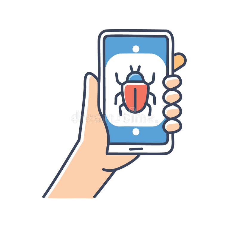 Bug on Phone Screen. Hand Holding Phone with Bug on Screen, Representing a Security Risk or ...
