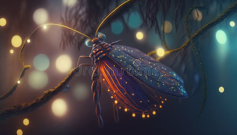 A Bug that is Sitting on a Branch with Lights in the Background Stock ...