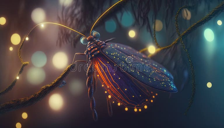 A Bug that is Sitting on a Branch with Lights in the Background Stock ...
