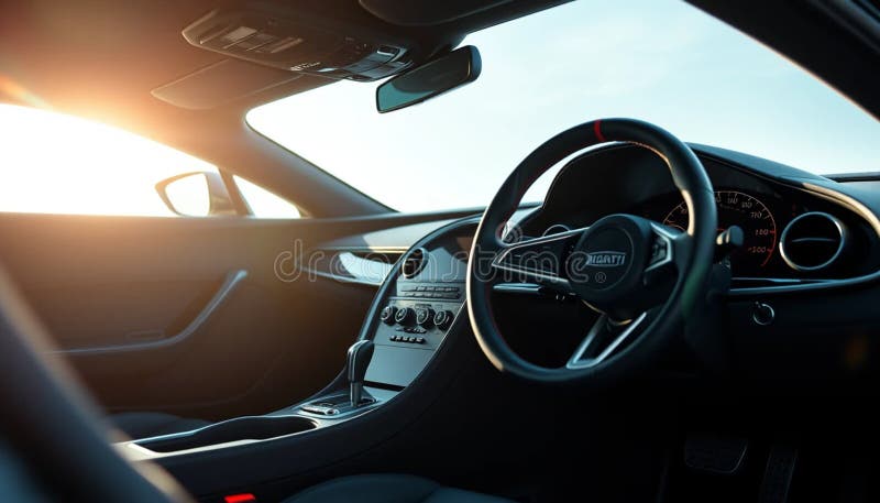 Bugatti Car Interior View at Sunrise with Steering Wheel Stock Image ...