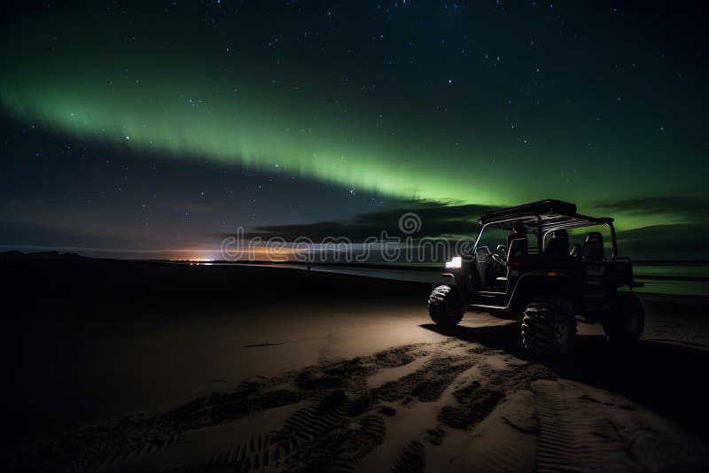 Buggy Car and Northern Lights Beach. Neural Network AI Generated Stock ...