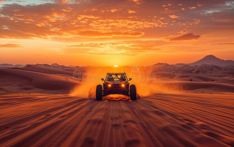 Buggy Racing Across Desert Sand Dunes at Sunset with Dramatic Sky Stock ...