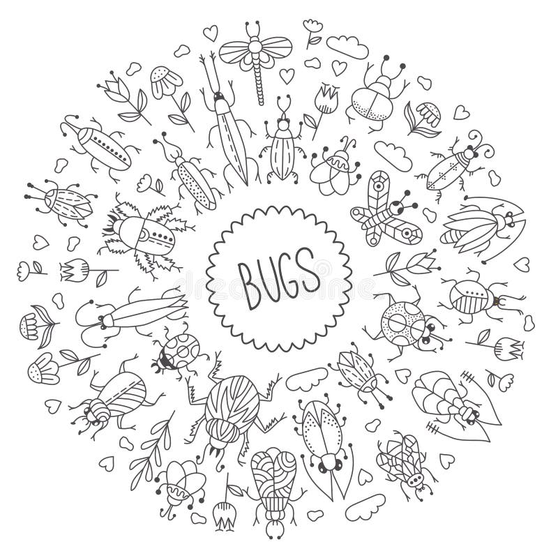 Bugs Insects Doodle Icons Round Frame Stock Vector - Illustration of ...