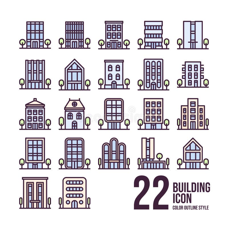 Buidling Icon Set in Color Outline Style Stock Vector - Illustration of ...