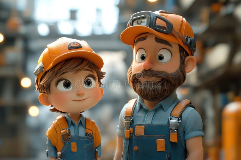 Builder and Apprentice Working Together in a Busy Workshop with Tools ...