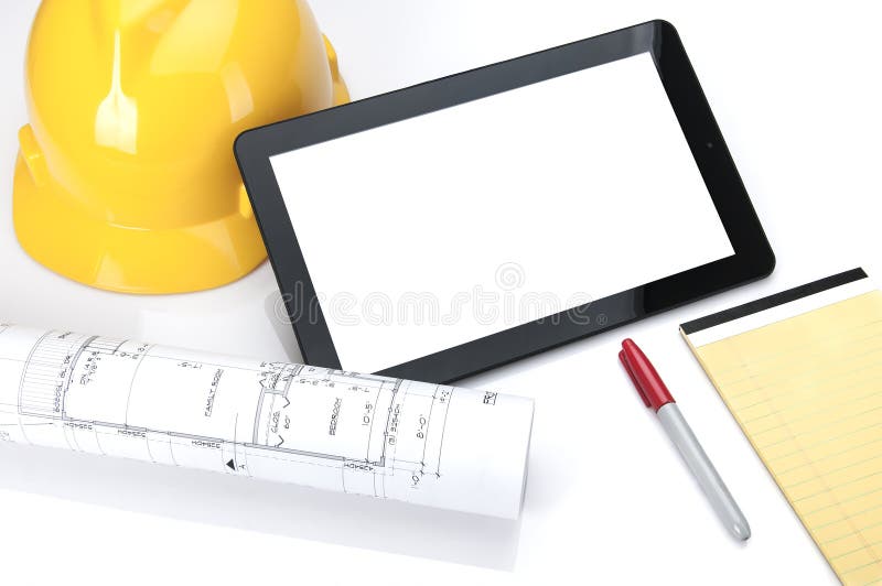 Tablet Used for Construction Blueprints Stock Photo - Image of helmet ...