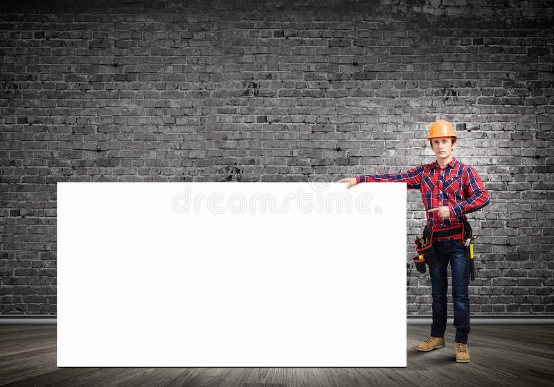 Builder with banner stock image. Image of paper, place - 46131449