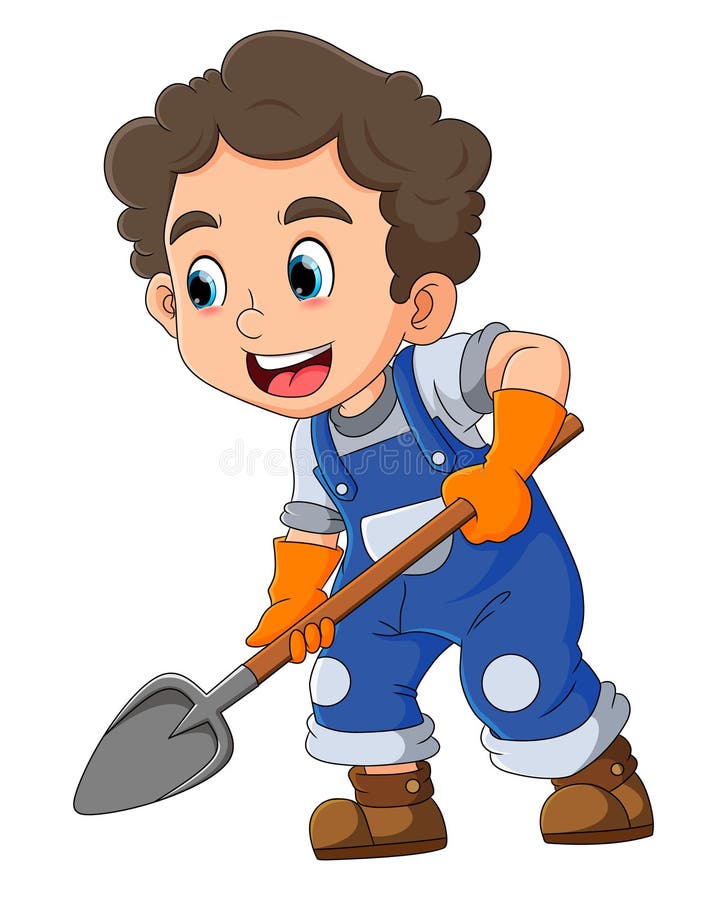 The Builder Boy is Digging the Ground with the Shovel Stock Vector ...