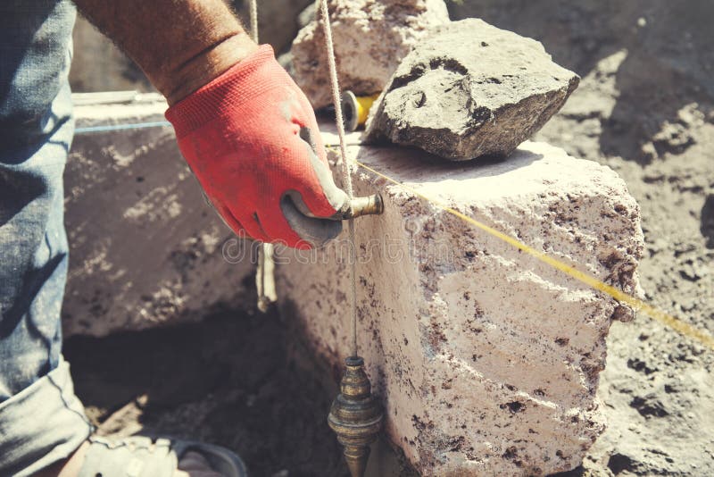 The Builder is Building a Wall Stock Image - Image of level, cement ...