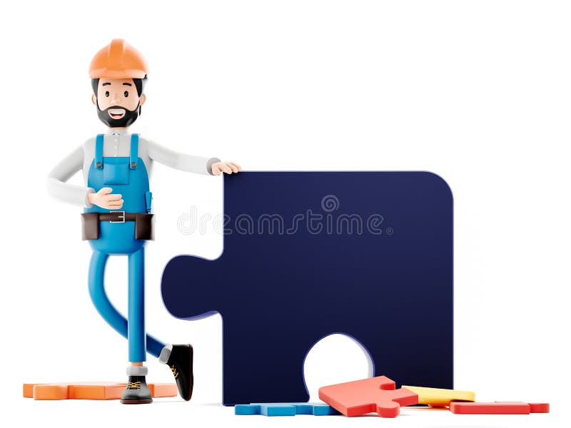 Builder Cartoon Character, Funny Worker or Engineer with Puzzle Stock ...