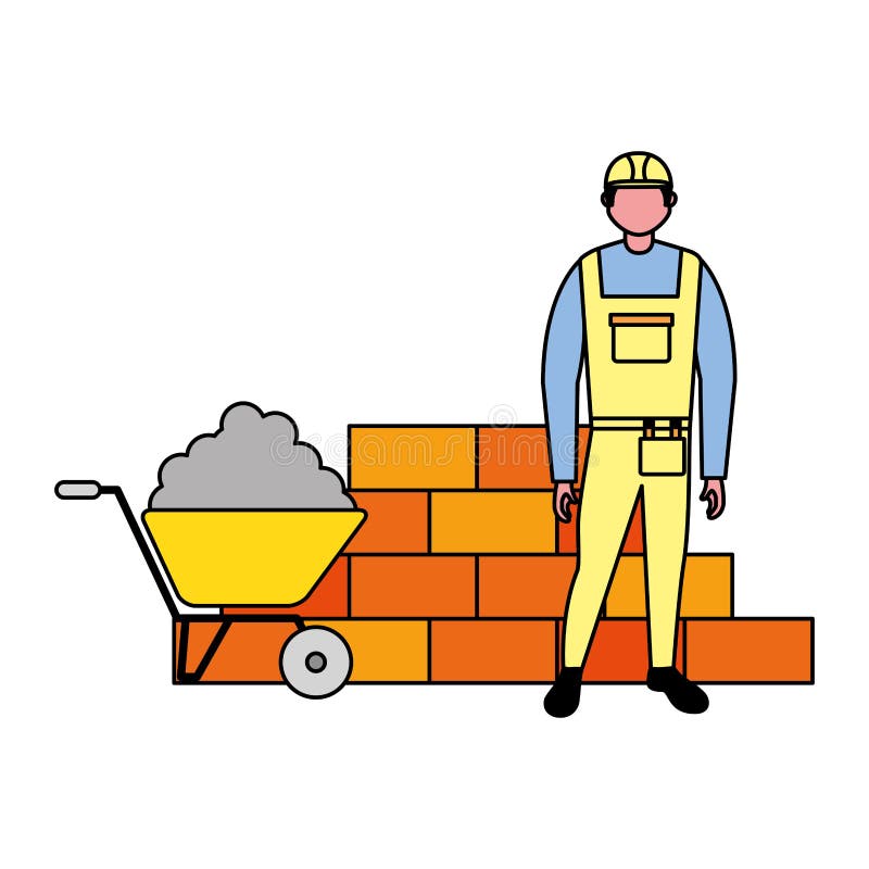 Builder Character Brick Wall and Wheelbarrow Stock Illustration ...