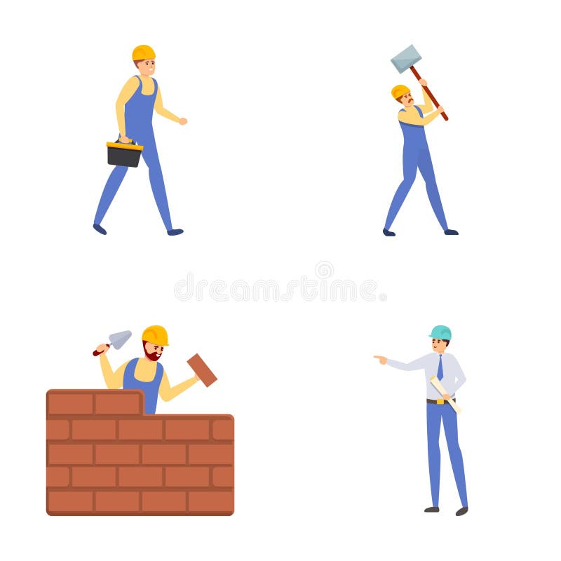 Builder Character Icons Set Cartoon Vector. Male Builder and Contractor ...