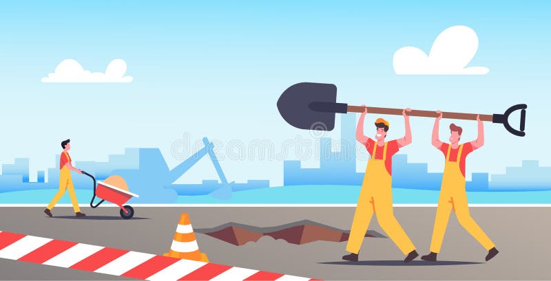 The Builder Boy is Digging the Ground with the Shovel Stock Vector ...