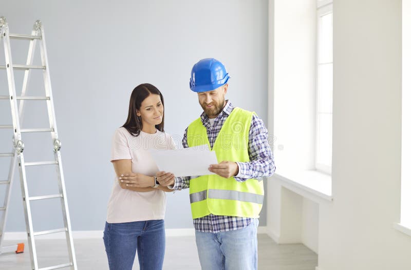 Builder Client Reviewing Blueprint Home Construction Renovation Stock ...