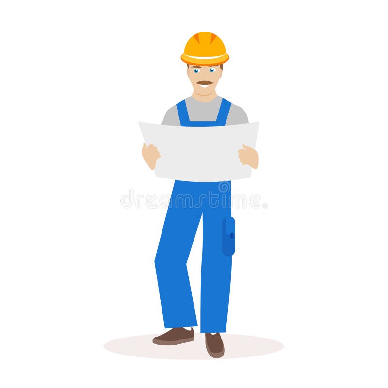 Builder or Construction Superintendent in a Helmet and with Blueprints ...