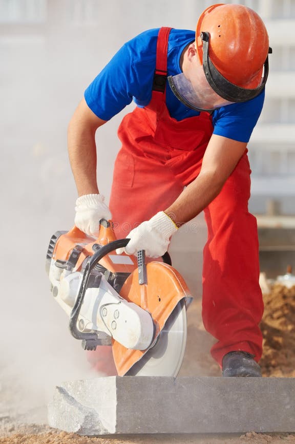 Builder at Cutting Curb Work Stock Photo - Image of construction ...