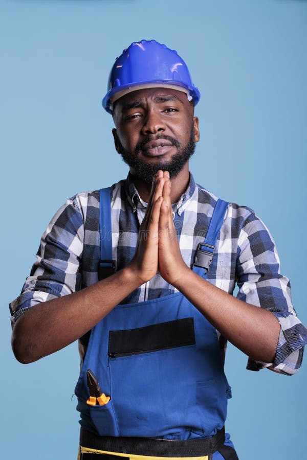 Builder Doing Prayer Hands on Camera Stock Photo - Image of emotion ...