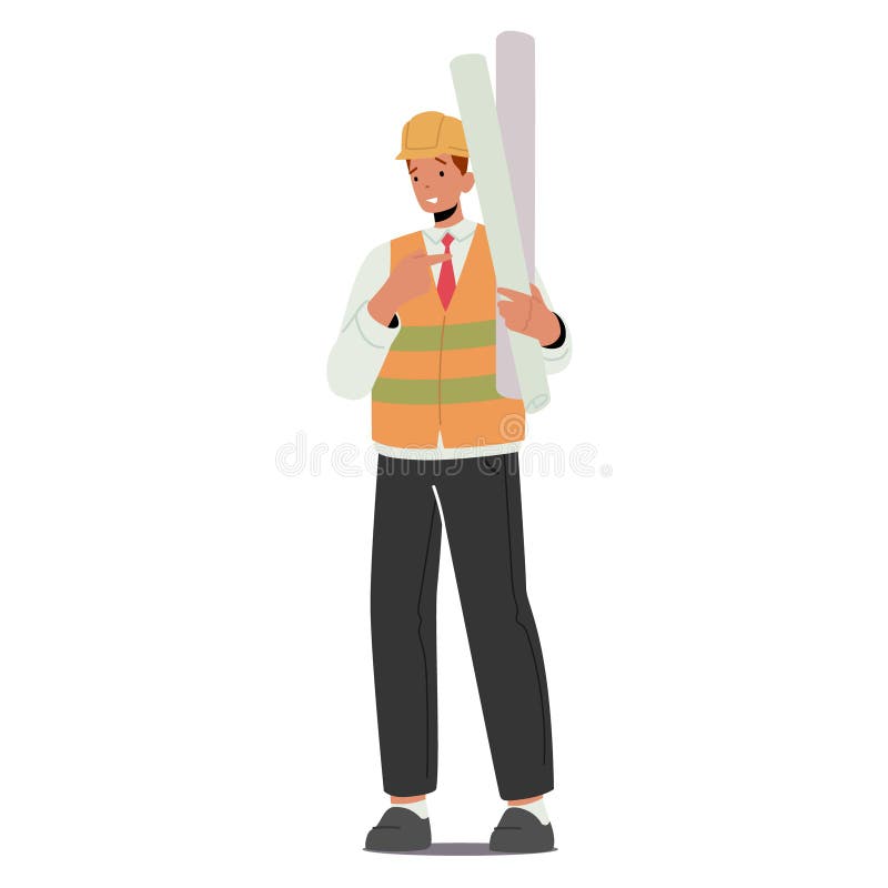 Builder, Engineer or Foreman Character with Blueprint. Architect with ...