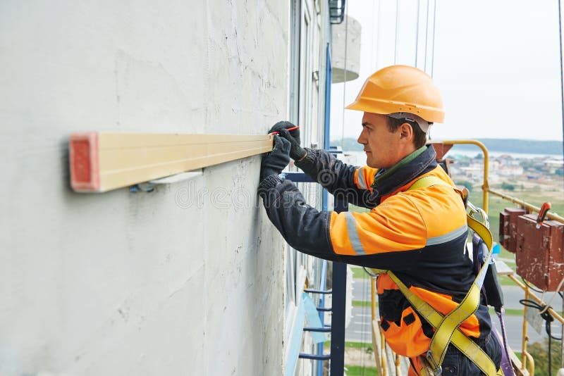 Builder at Facade Construction Work Stock Image - Image of insulation ...