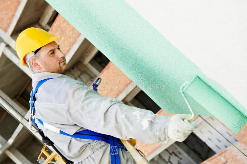 Builder Facade Painter at Work Stock Photo - Image of craftsman, roller ...
