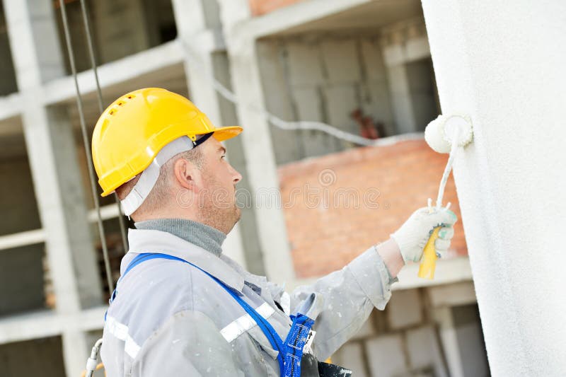 Builder Facade Painter at Work Stock Image - Image of highrise ...