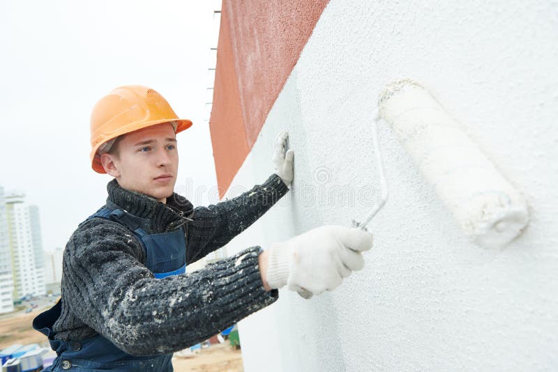 Builder Facade Painter at Work Stock Photo - Image of mason, helmet ...