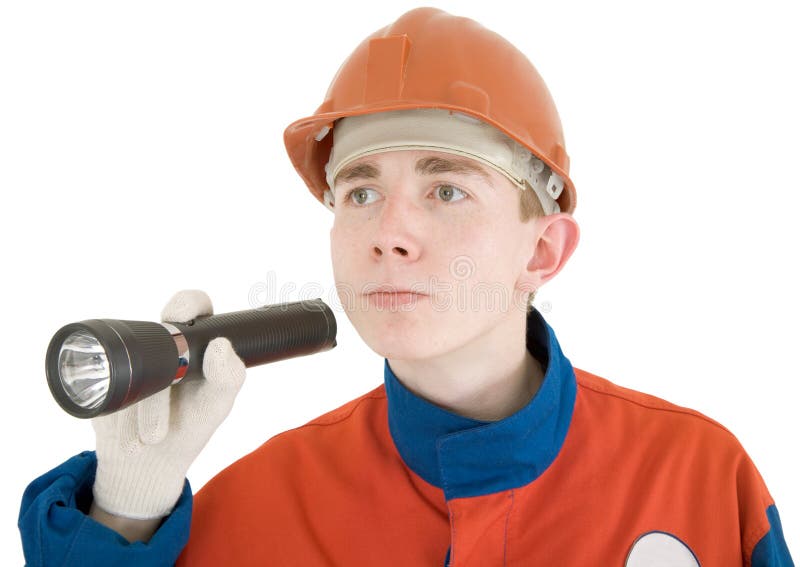 Builder and flash-light stock image. Image of background - 7439833
