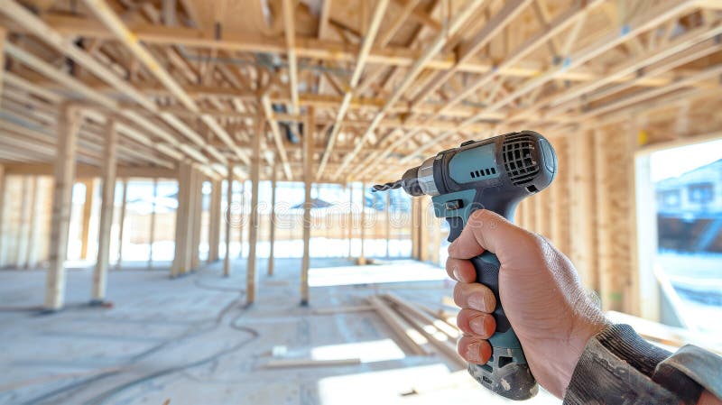 A Builder Grips a Power Drill, Preparing To Work on the Interior ...