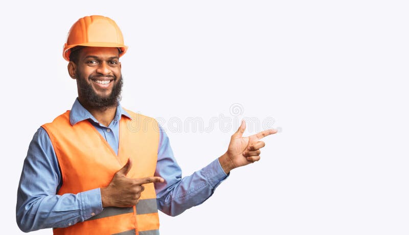 Builder Guy in Uniform Pointing Fingers Aside on White Background Stock ...