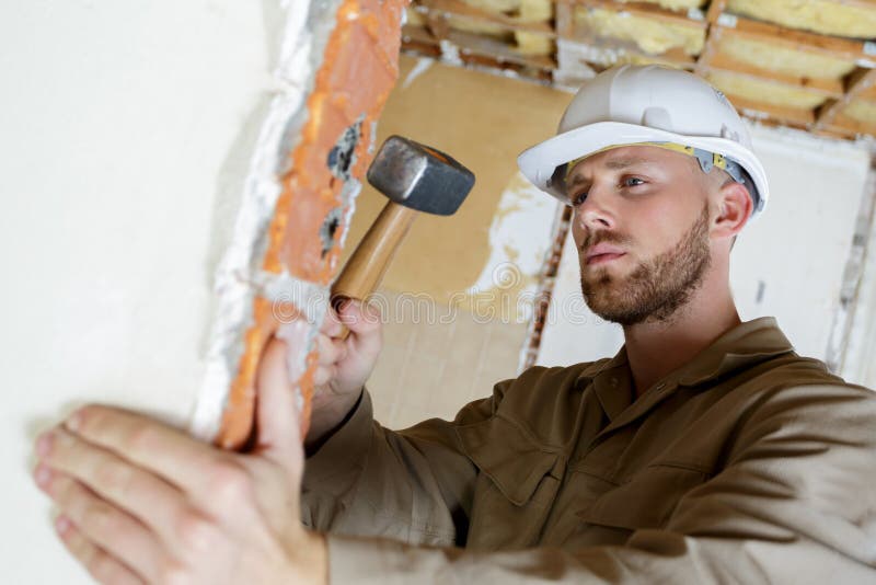 Builder with hammer stock photo. Image of manual, industry - 264988018