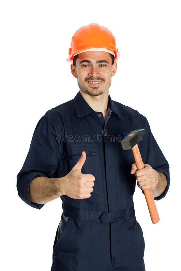 Builder with Hammer Isolated on White Background Stock Photo - Image of ...