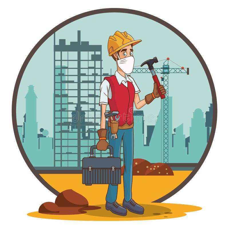 Builder with Hammer Using Face Mask for Covid19 Stock Vector ...