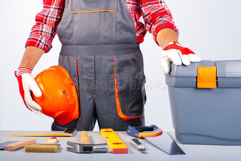 Builder Handyman with Construction Tools. Labor Day Concept. Stock ...