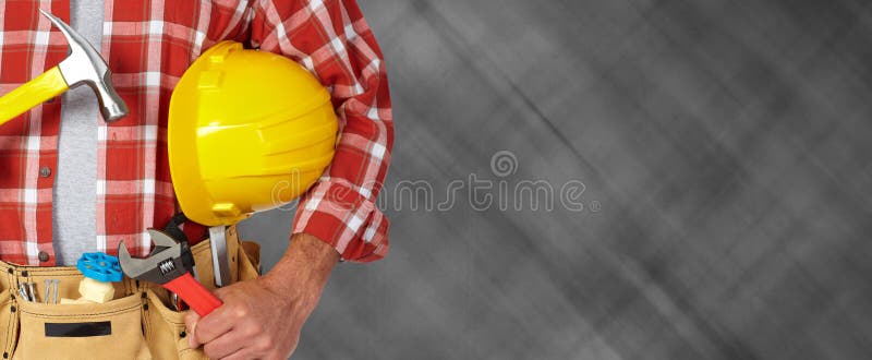 Builder Handyman With Construction Tools. Stock Image - Image of ...