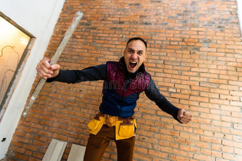 Builder Handyman with Construction Tools. House Renovation Background ...