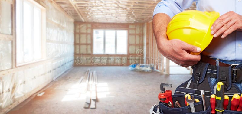 Builder Handyman with Construction Tools. Stock Image - Image of build ...