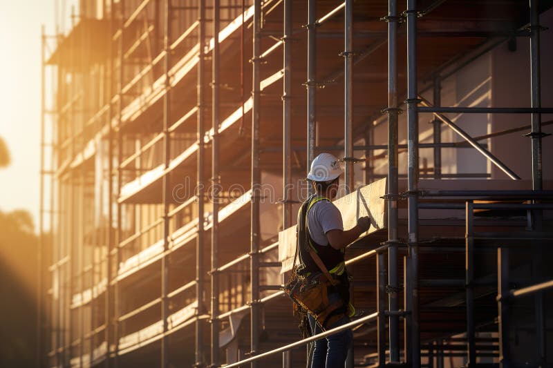 Builder in a Hard Hat Working on the Facade of a High-rise Building ...