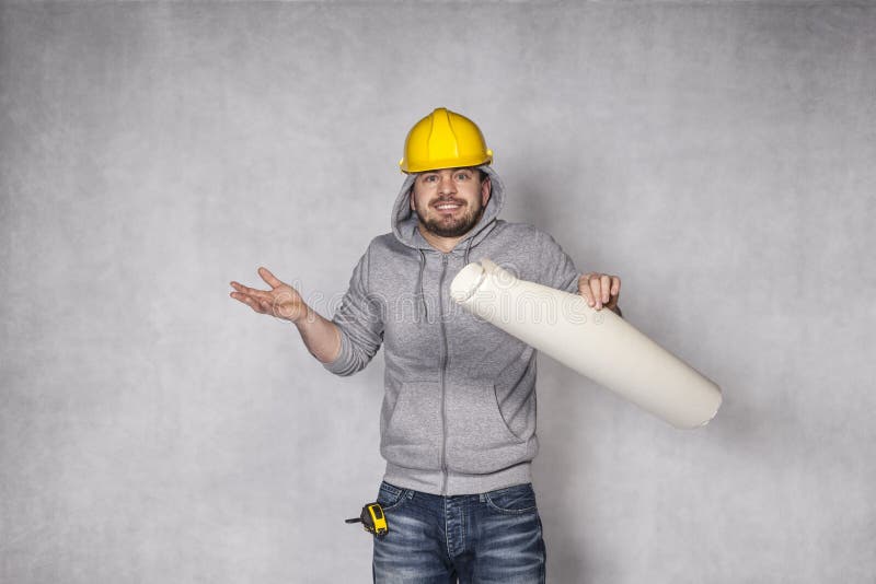 Builder Has Trouble with Plans To Build Stock Image - Image of ...