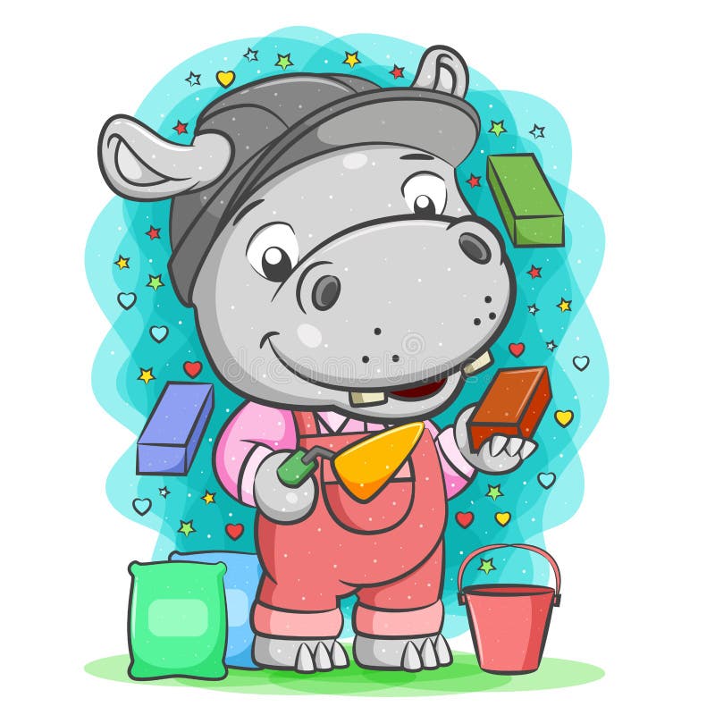 The Builder Hippopotamus Hold Brick with Cement Spoon Stock Vector ...