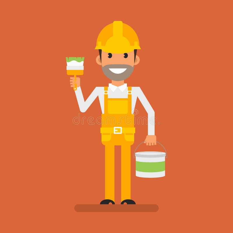 Builder Holding Brush and Bucket with Paint. Flat People Stock Vector ...